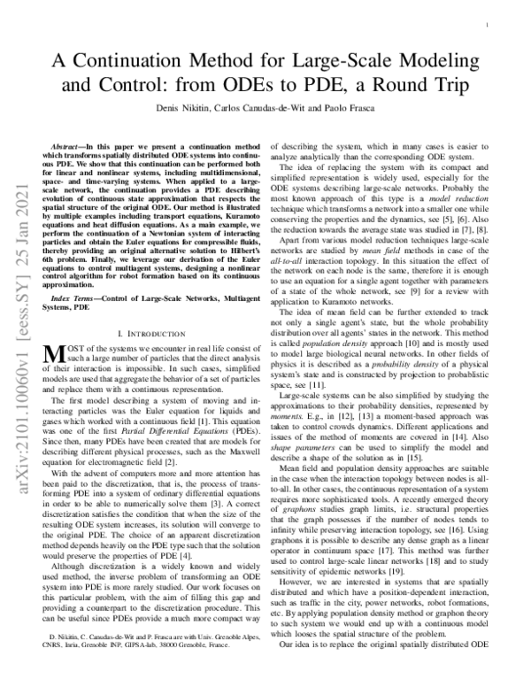 (PDF) A Continuation Method for Large-Scale Modeling and Control: from ODEs to PDE, a Round Trip