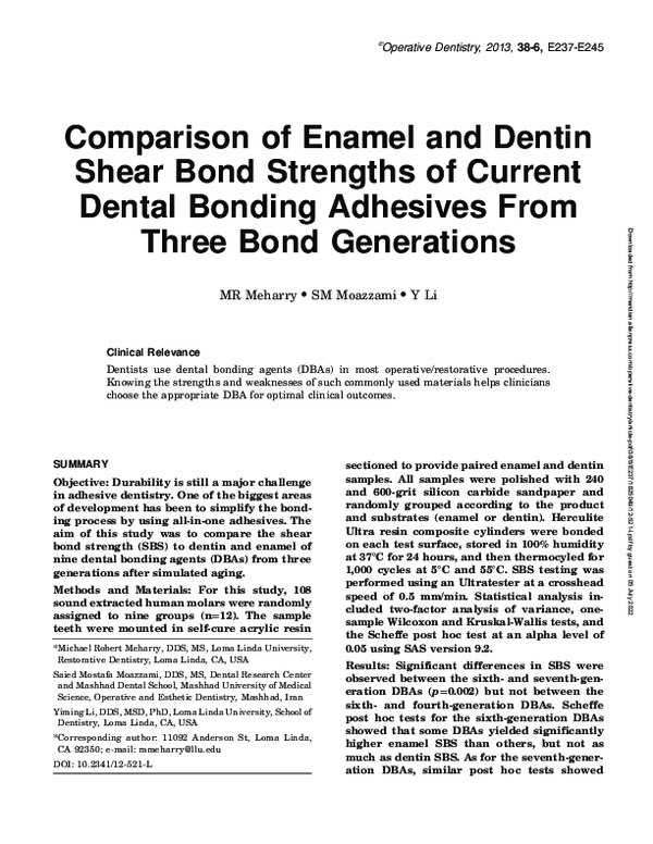 (PDF) Comparison of Enamel and Dentin Shear Bond Strengths of Current ...