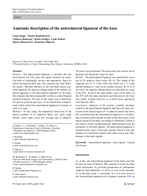 (PDF) Anatomic description of the anterolateral ligament of the knee