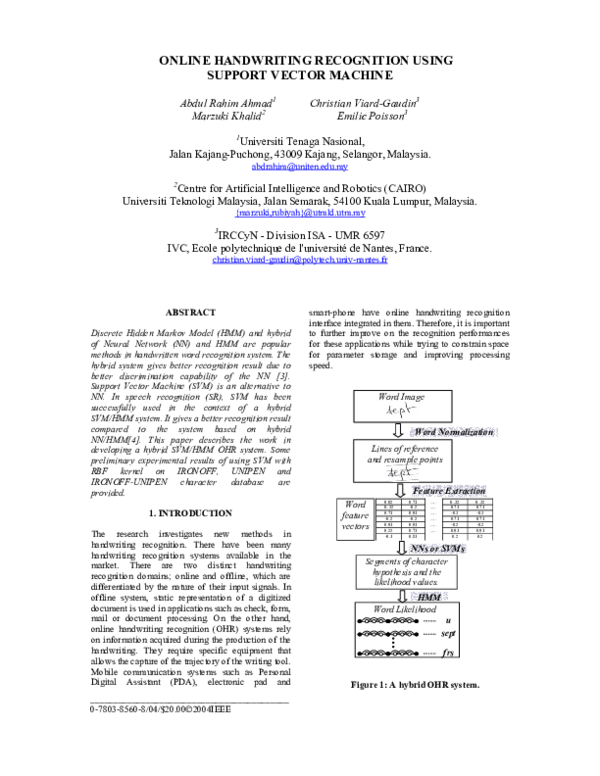 (PDF) Online Handwriting Recognition Using Support Vector Machine