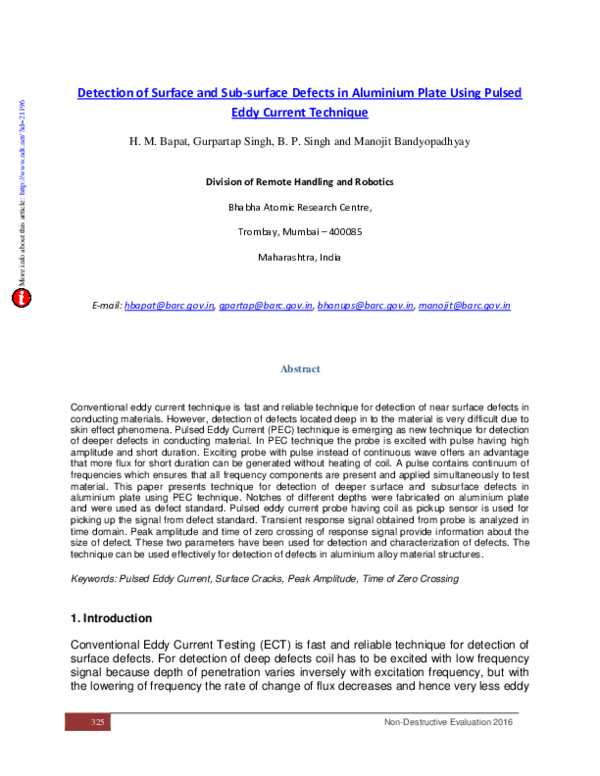 (PDF) Detection of Surface and Sub-surface Defects in Aluminium Plate Using Pulsed Eddy Current ...
