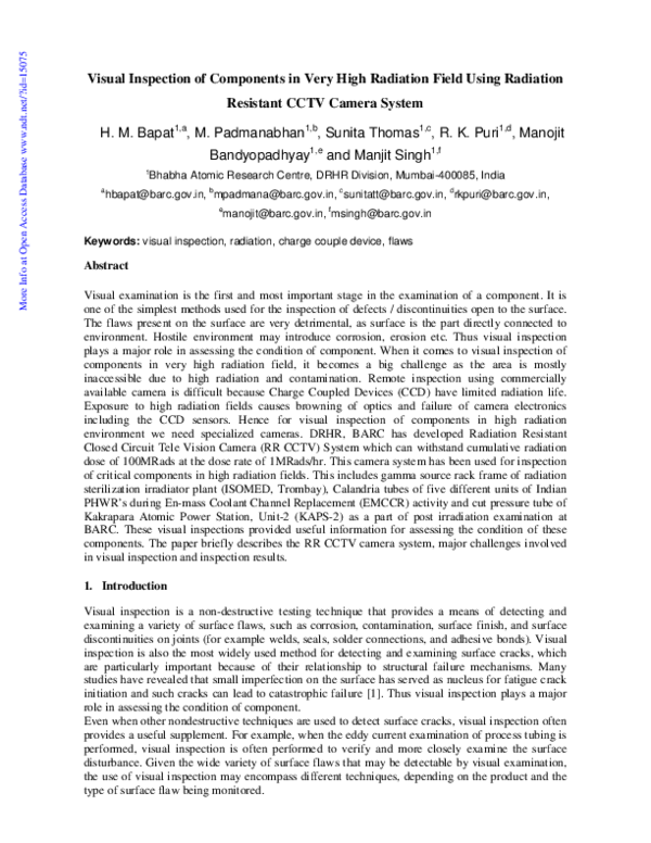 (PDF) Visual Inspection of Components in Very High Radiation Field ...