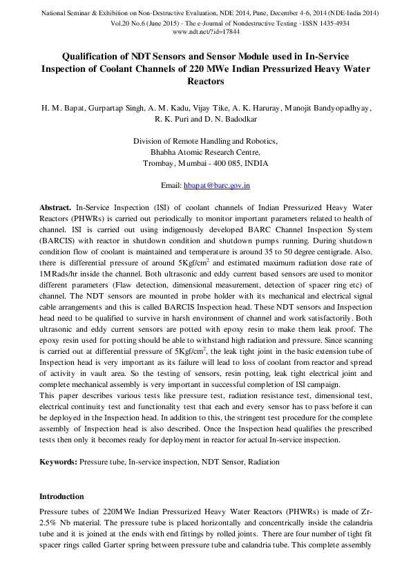 (PDF) Qualification of NDT Sensors and Sensor Module used in In-Service Inspection of Coolant ...