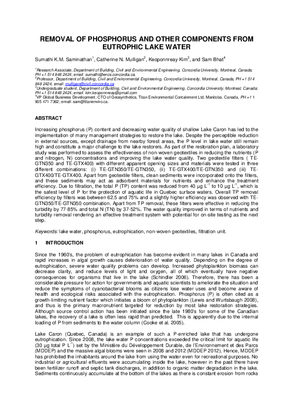 (PDF) Removal of phosphorus and other components from Eutrophic Lake water