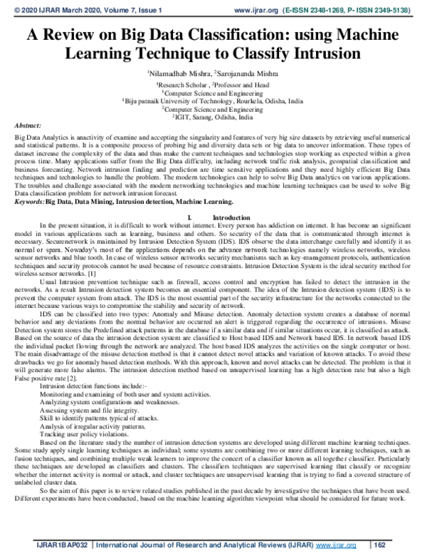 A Review on Big Data Classification: using Machine Learning Technique to Classify Intrusion