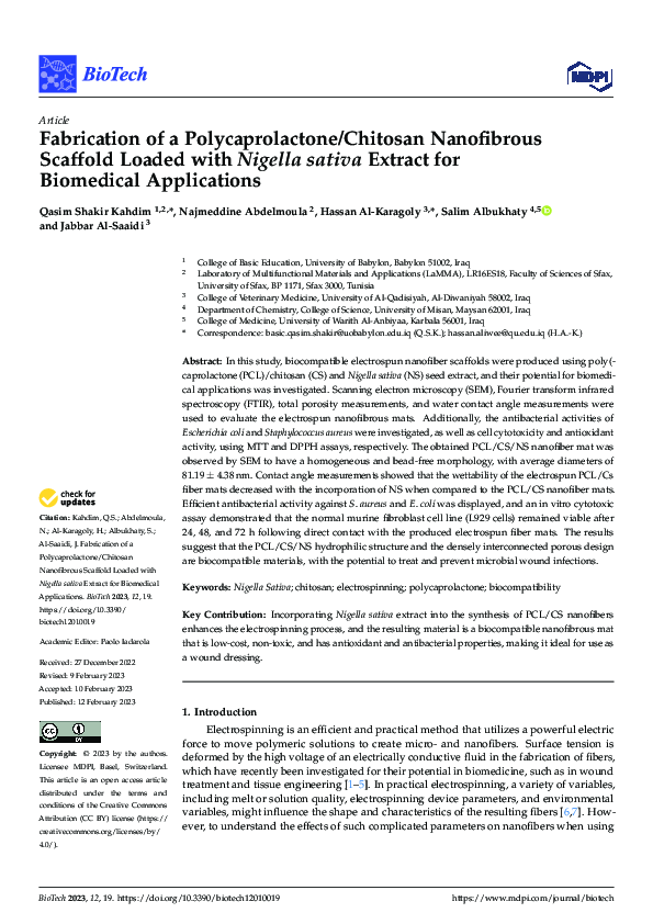 (PDF) Fabrication of a Polycaprolactone/Chitosan Nanofibrous Scaffold Loaded with Nigella sativa ...