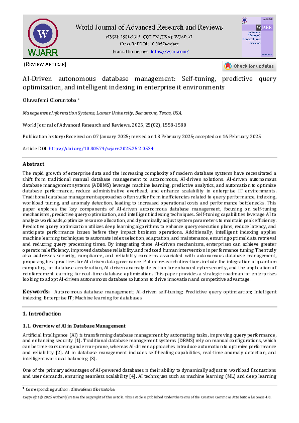 (PDF) AI-Driven autonomous database management: Self-tuning, predictive query optimization, and ...