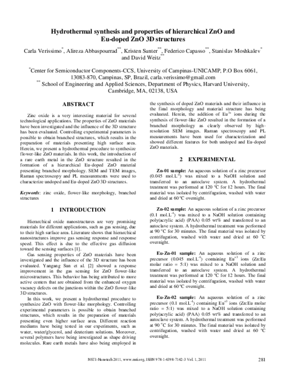 Hydrothermal Synthesis and Properties of Hierarchical ZnO and Eu-doped ZnO 3D Structures