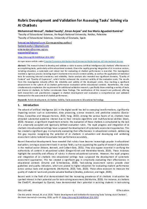 (PDF) Rubric Development and Validation for Assessing Tasks' Solving via AI Chatbots