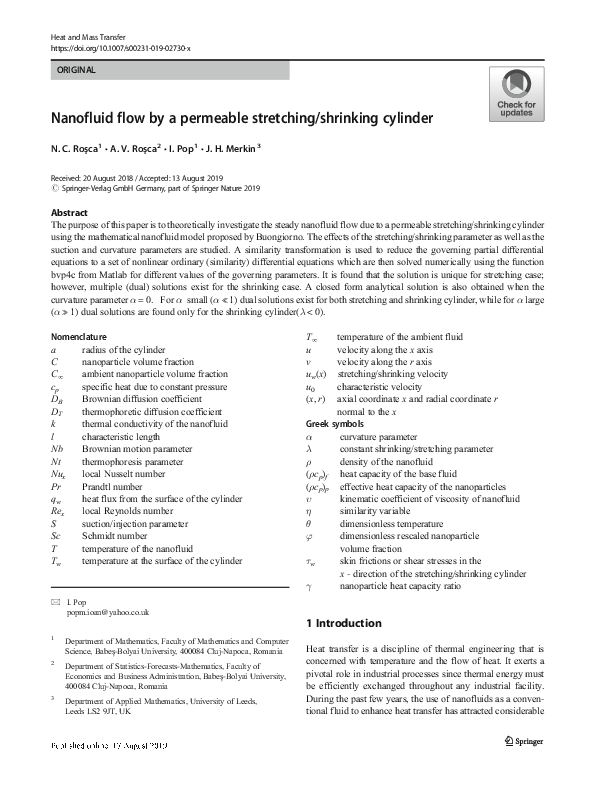 (PDF) Nanofluid flow by a permeable stretching/shrinking cylinder