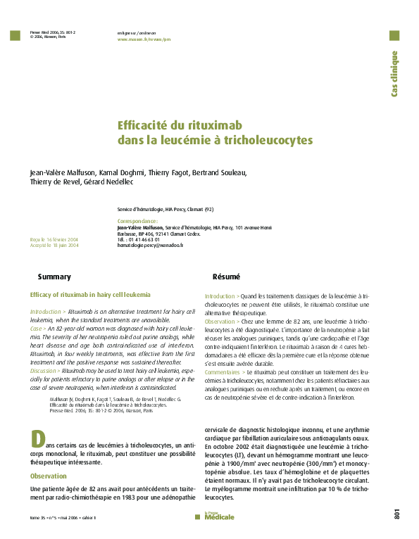 (PDF) Efficacité du rituximab dans la leucémie à tricholeucocytes