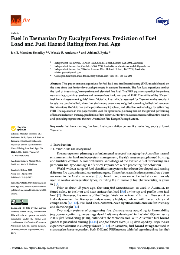 (PDF) Fuel in Tasmanian Dry Eucalypt Forests: Prediction of Fuel Load ...