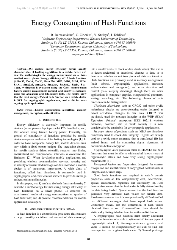 (PDF) Energy Consumption of Hash Functions