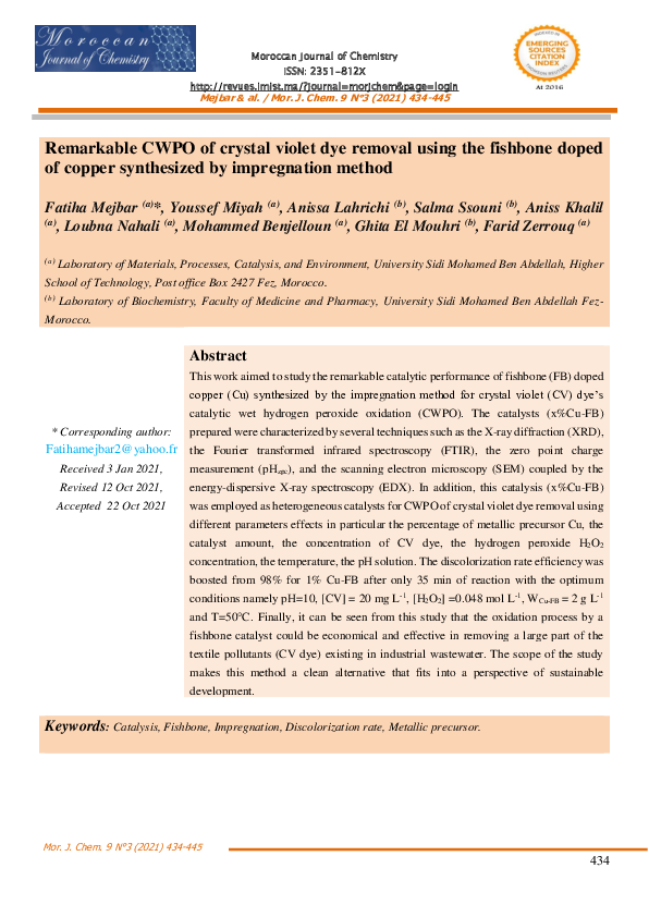(PDF) Remarkable CWPO of crystal violet dye removal using the fishbone doped of copper ...