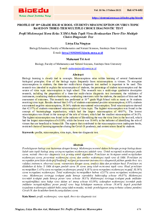 (PDF) Profile of 10th Grade High School Students Misconception on Virus ...