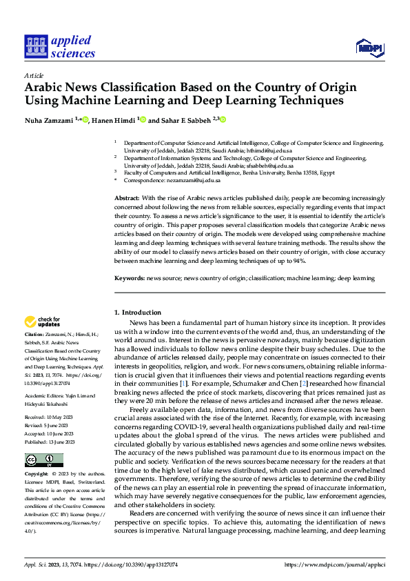 (PDF) Arabic News Classification Based on the Country of Origin Using Machine Learning and Deep ...