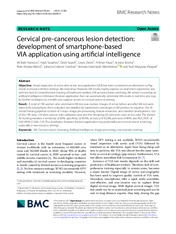 (PDF) Cervical Pre-cancerous Lesion Detection: Development of Smartphone-Based VIA Application ...