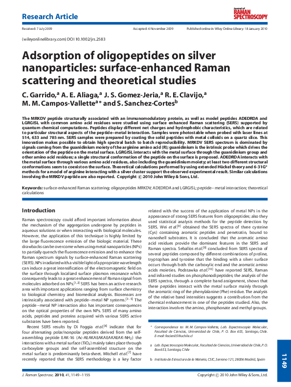 (PDF) Adsorption of oligopeptides on silver nanoparticles: surface‐enhanced Raman scattering and ...