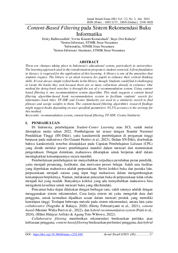 (PDF) Content-Based Filtering pada Sistem Rekomendasi Buku Informatika