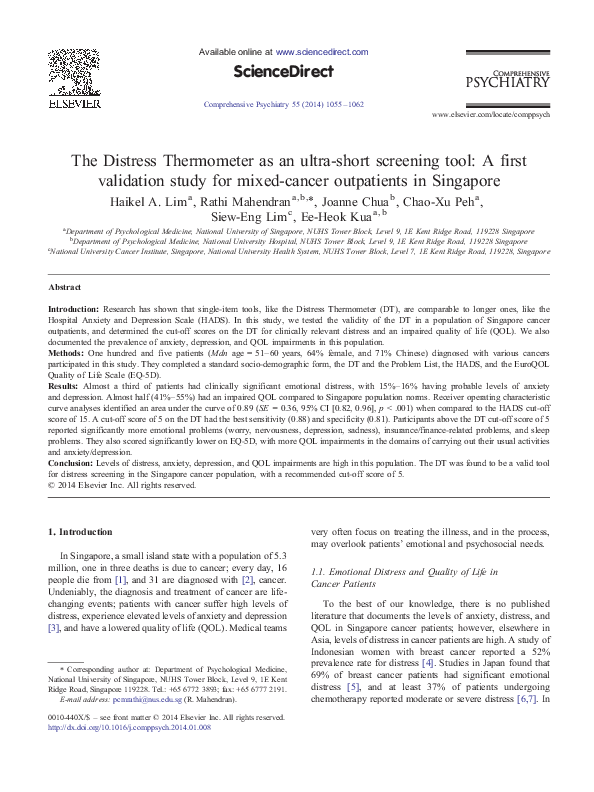 (PDF) The Distress Thermometer as an ultra-short screening tool: A ...