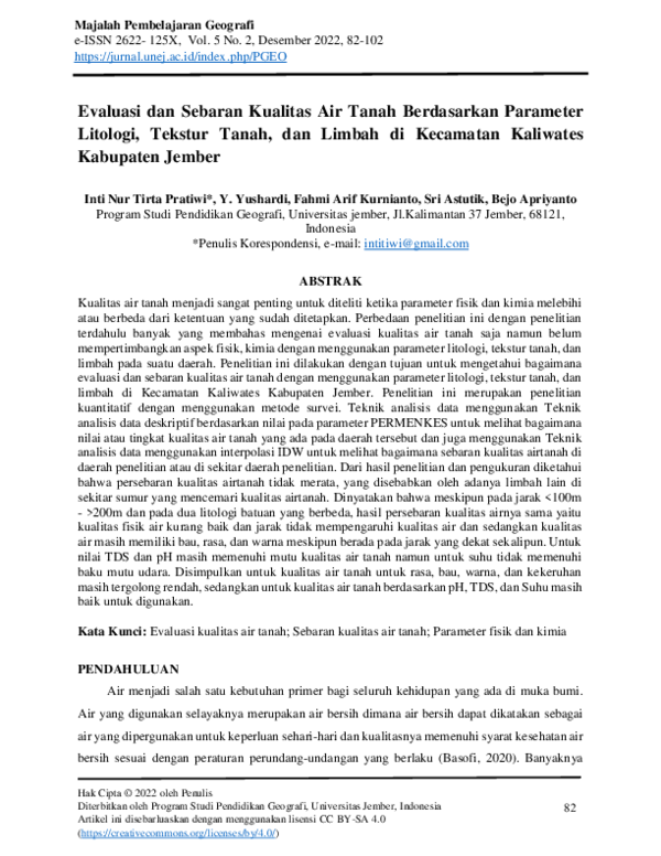 (PDF) Evaluasi dan Sebaran Kualitas Air Tanah Berdasarkan Parameter ...