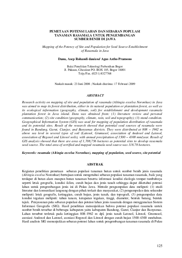 (PDF) Pemetaan Potensi Lahan Dan Sebaran Populasi Tanaman Rasamala ...