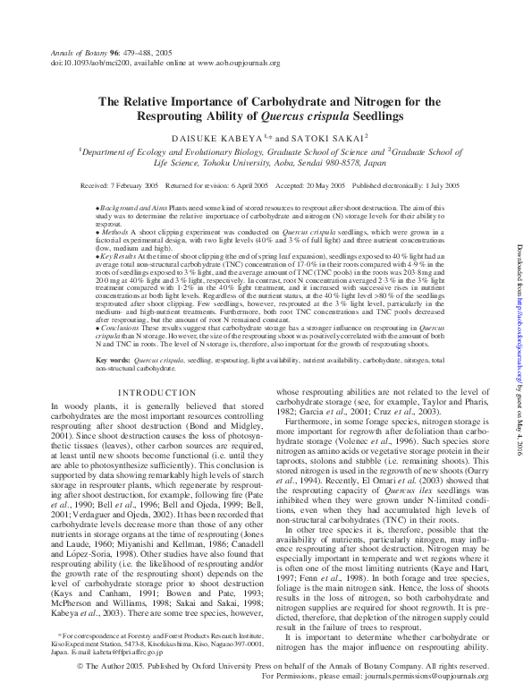 (PDF) The Relative Importance of Carbohydrate and Nitrogen for the ...