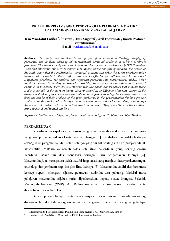 (PDF) Profil Berpikir Siswa Peserta Olimpiade Matematika Dalam Menyelesaikan Masalah Aljabar