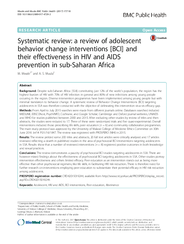 (PDF) Systematic review: a review of adolescent behavior change interventions [BCI] and their ...