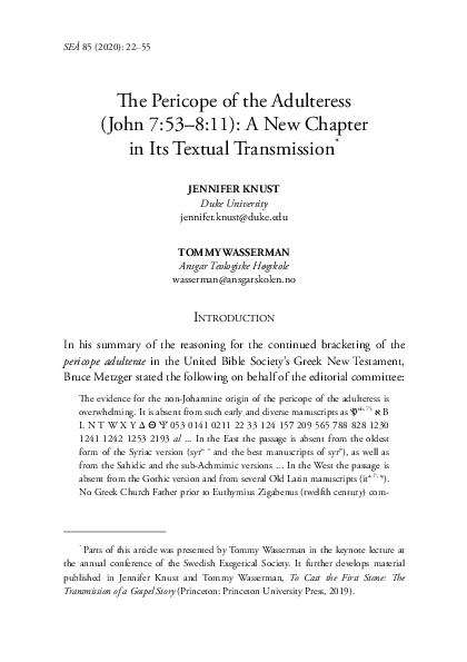 (PDF) The Pericope of the Adulteress (John 7:53-8:11): A New Chapter in ...