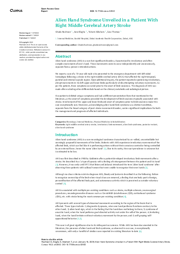 (PDF) Alien Hand Syndrome Unveiled in a Patient With Right Middle ...