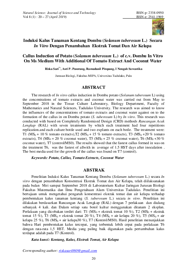 (PDF) Induksi Kalus Tanaman Kentang Dombu (Solanum tuberosum L.) Secara ...