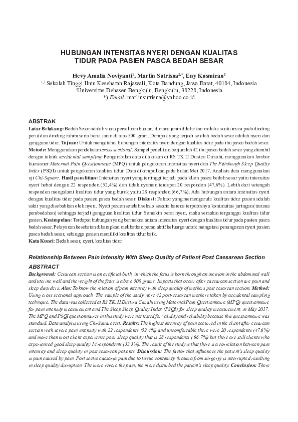 (PDF) Hubungan Intensitas Nyeri dengan Kualitas Tidur pada Pasien Pasca Bedah Sesar