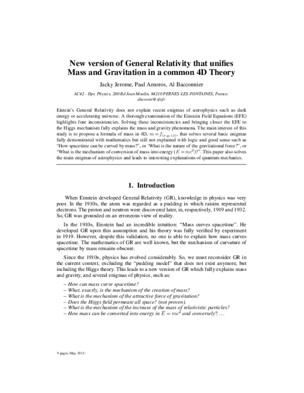 (PDF) New version of General Relativity that unifies Mass and ...