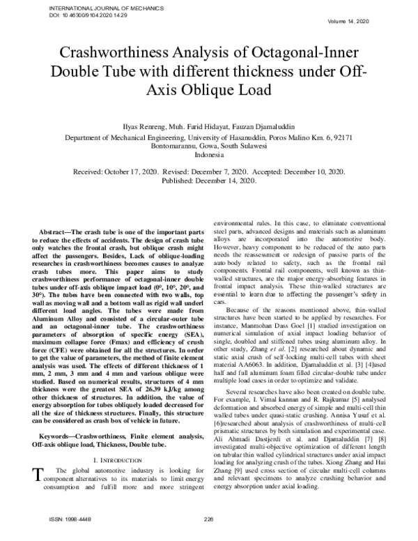 (PDF) Crashworthiness Analysis of Octagonal-Inner Double Tube with different thickness under Off ...