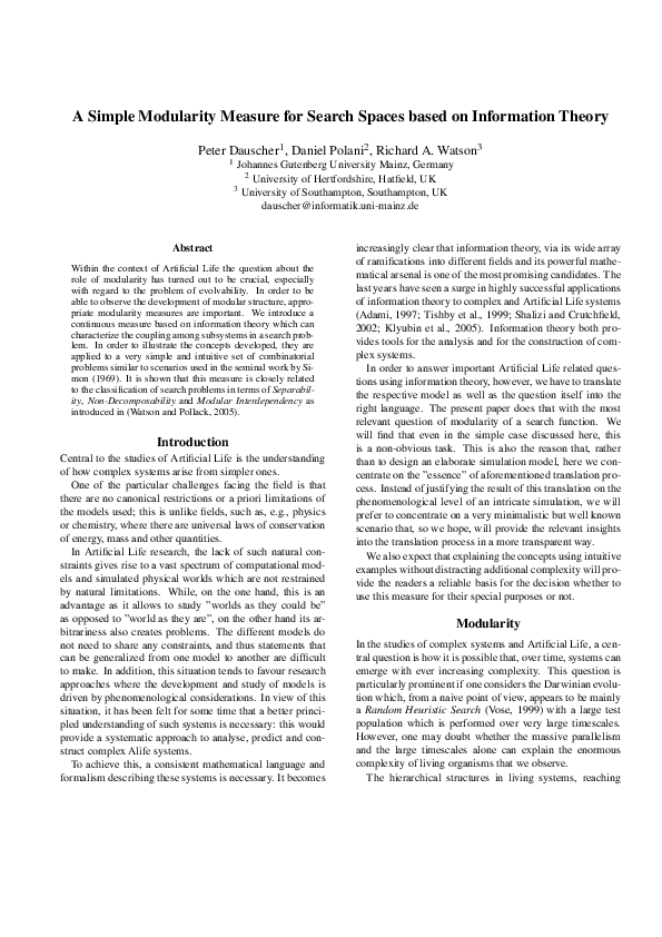 (PDF) A Simple Modularity Measure for Search Spaces based on Information Theory