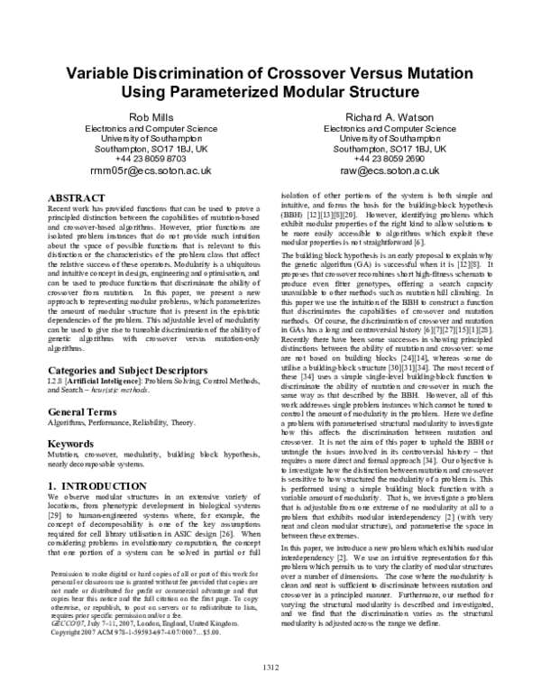 (PDF) Variable discrimination of crossover versus mutation using parameterized modular structure