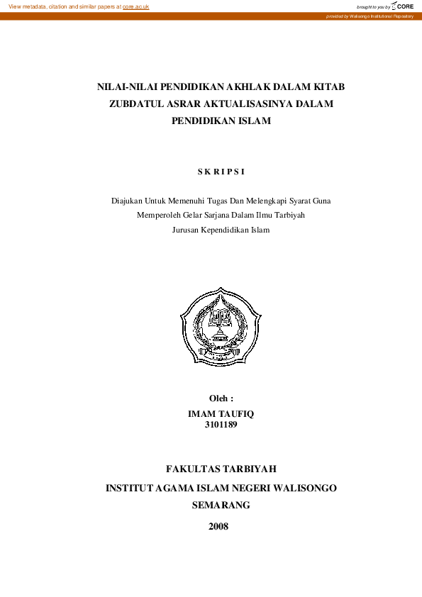(PDF) Nilai-nilai pendidikan akhlak dalam kitab Zubdatul Asrar aktualisasinya dalam pendidikan Islam
