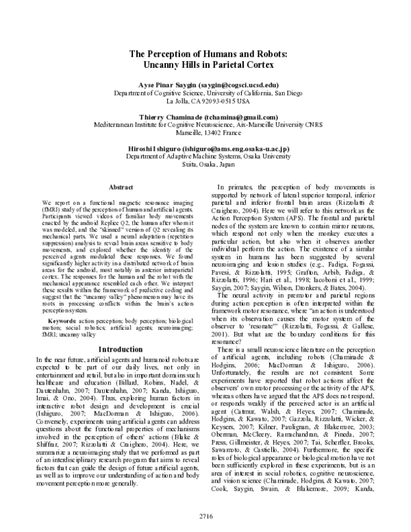 (PDF) The perception of humans and robots: Uncanny hills in parietal cortex