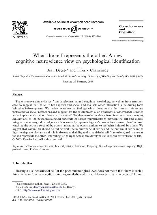 (PDF) When the self represents the other: A new cognitive neuroscience ...