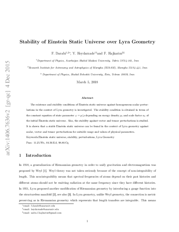 (PDF) 4 Stability of Einstein Static Universe over Lyra Geometry