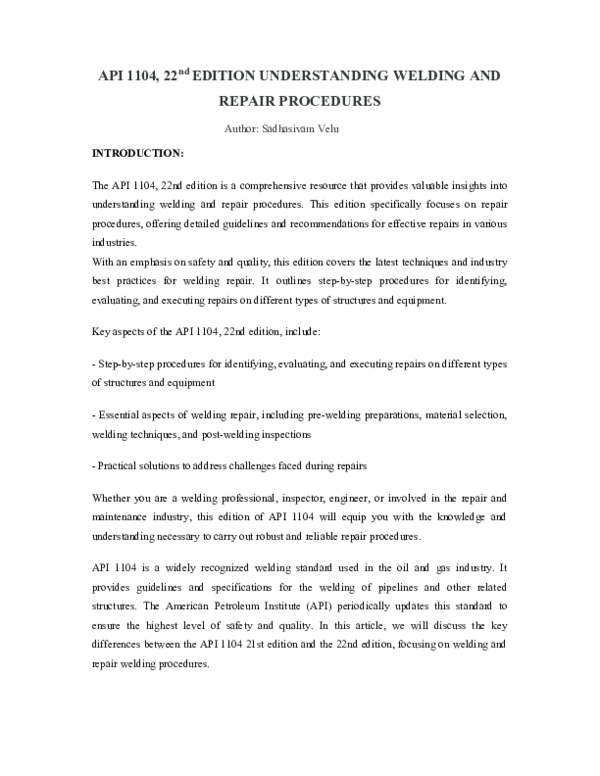 (PDF) API 1104, 22 nd EDITION UNDERSTANDING WELDING AND REPAIR PROCEDURES