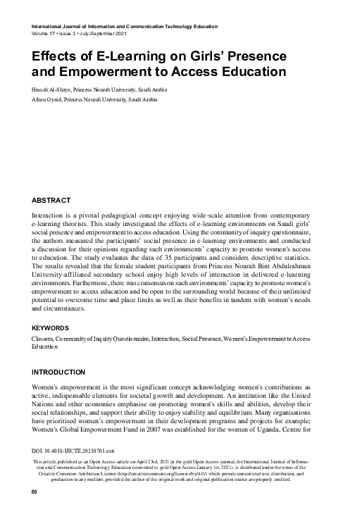 (PDF) Effects of E-Learning on Girls' Presence and Empowerment to Access Education