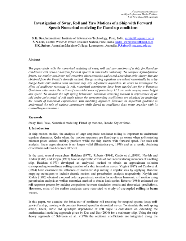 (PDF) Investigation of Sway, Roll and Yaw Motions of a Ship with ...