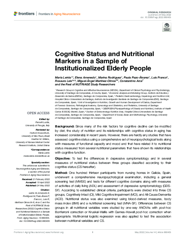 (PDF) Cognitive Status and Nutritional Markers in a Sample of ...