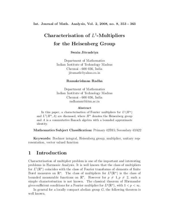 (PDF) Characterisation of L 1 -Multipliers for the Heisenberg Group