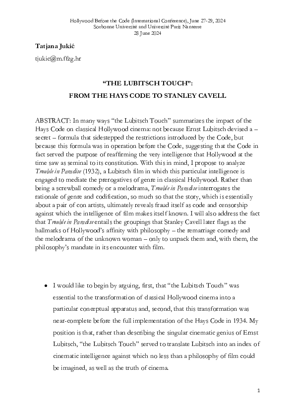 (PDF) “The Lubitsch Touch”: From the Hays Code to Stanley Cavell