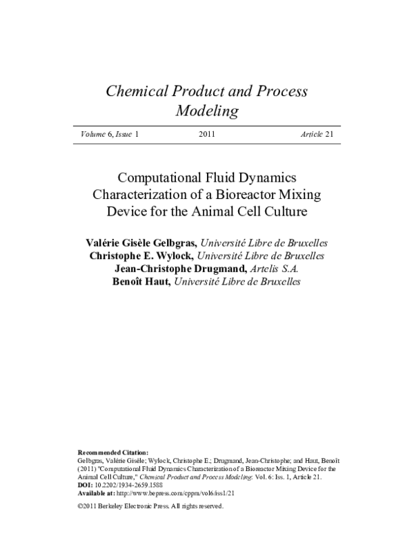 (PDF) Computational Fluid Dynamics Characterization of a Bioreactor Mixing Device for the Animal ...