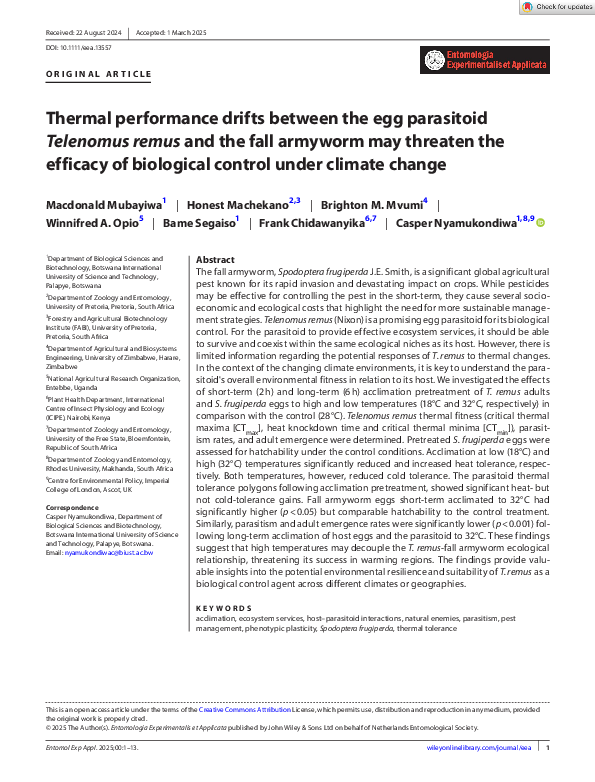 (PDF) Thermal performance drifts between the egg parasitoid Telenomus ...