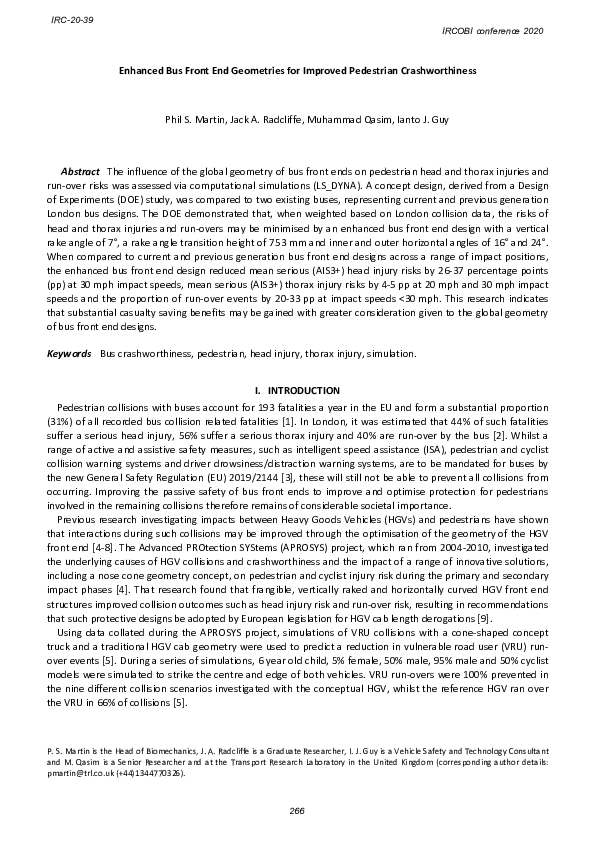 (PDF) Enhanced bus front end geometries for improved pedestrian crashworthiness